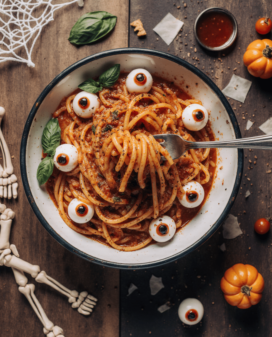 Bloody Spaghetti with Mozzarella Eyeballs
